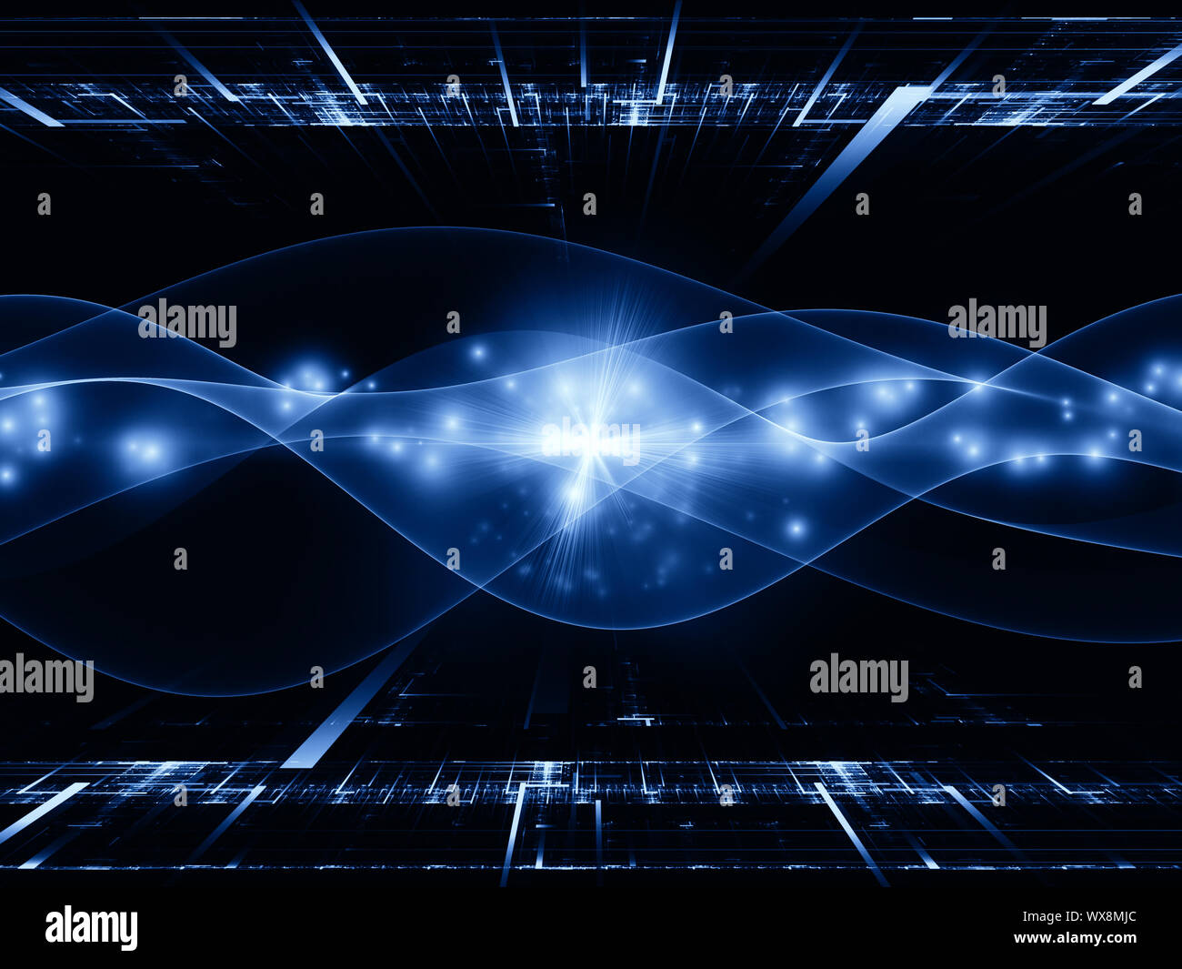Composition of perspective fractal grids, lights, mathematical wave and ...