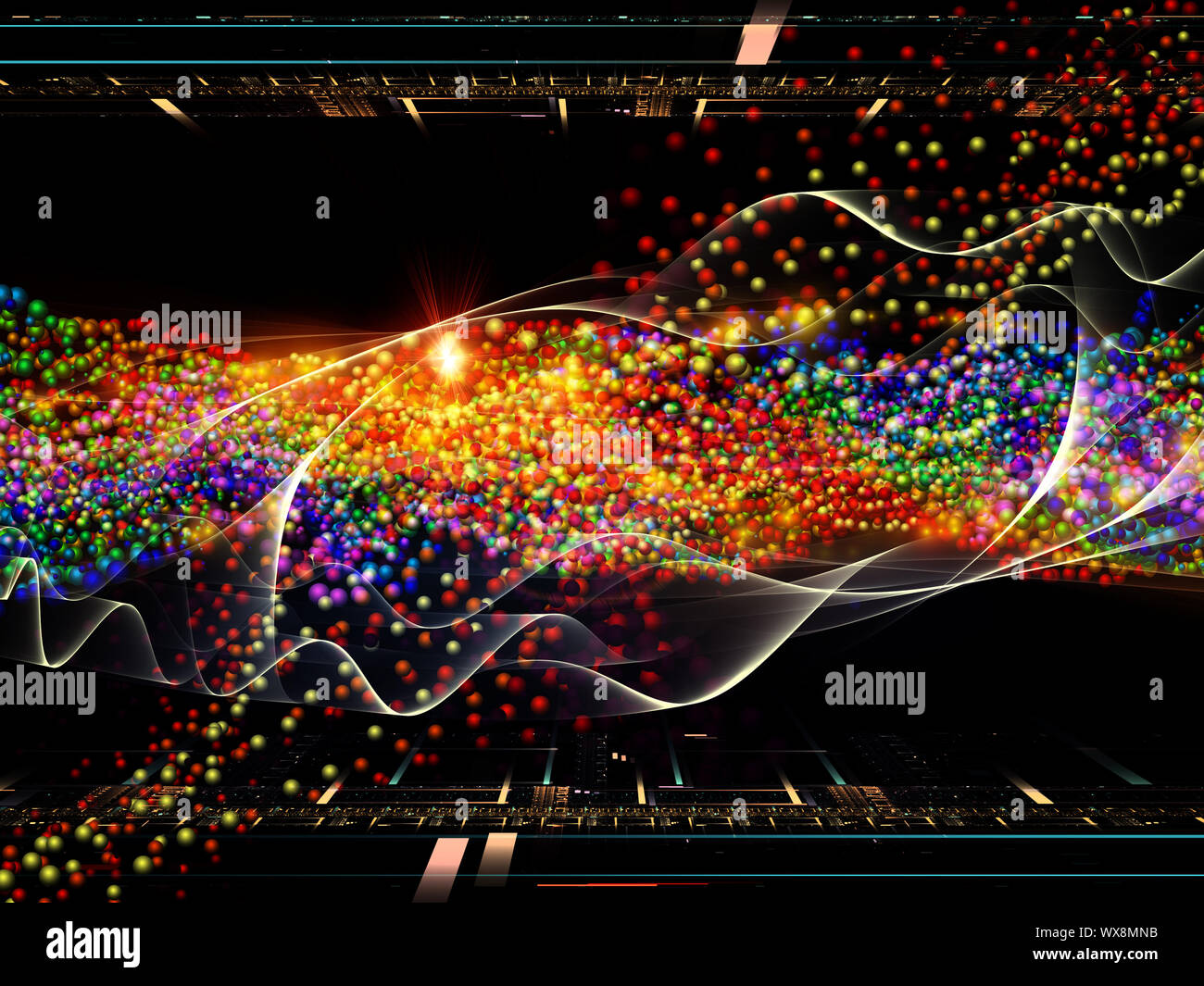 Artistic background made of atomic particles in space for use with ...