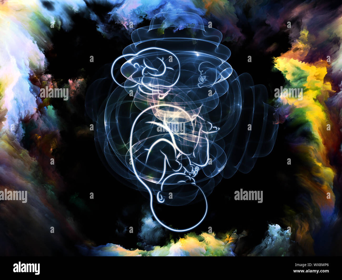 Composition of drawing of a fetus and abstract design elements to serve ...