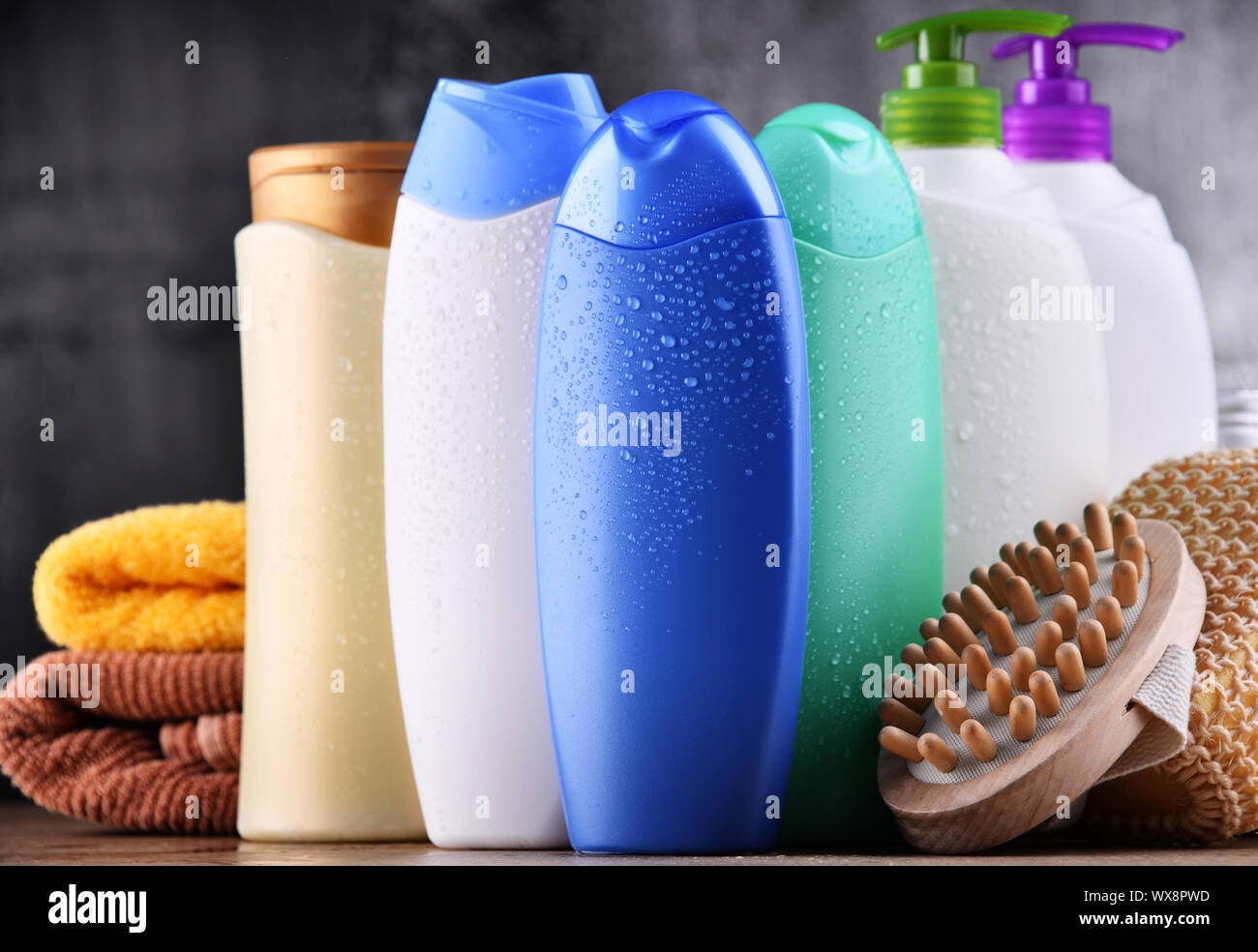 Plastic bottles of body care and beauty products Stock Photo - Alamy