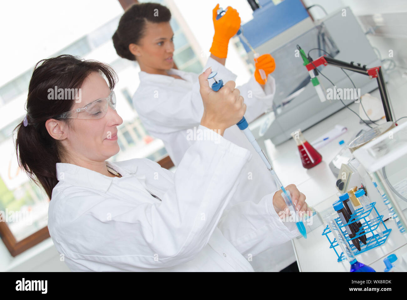 female scientists using pipettes in lab Stock Photo - Alamy