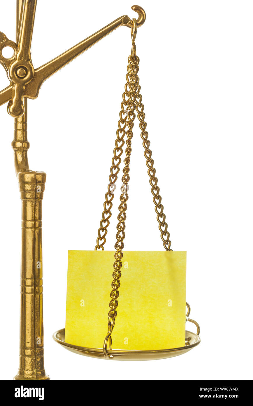 Golden weight balance scale with blank paper Stock Photo - Alamy