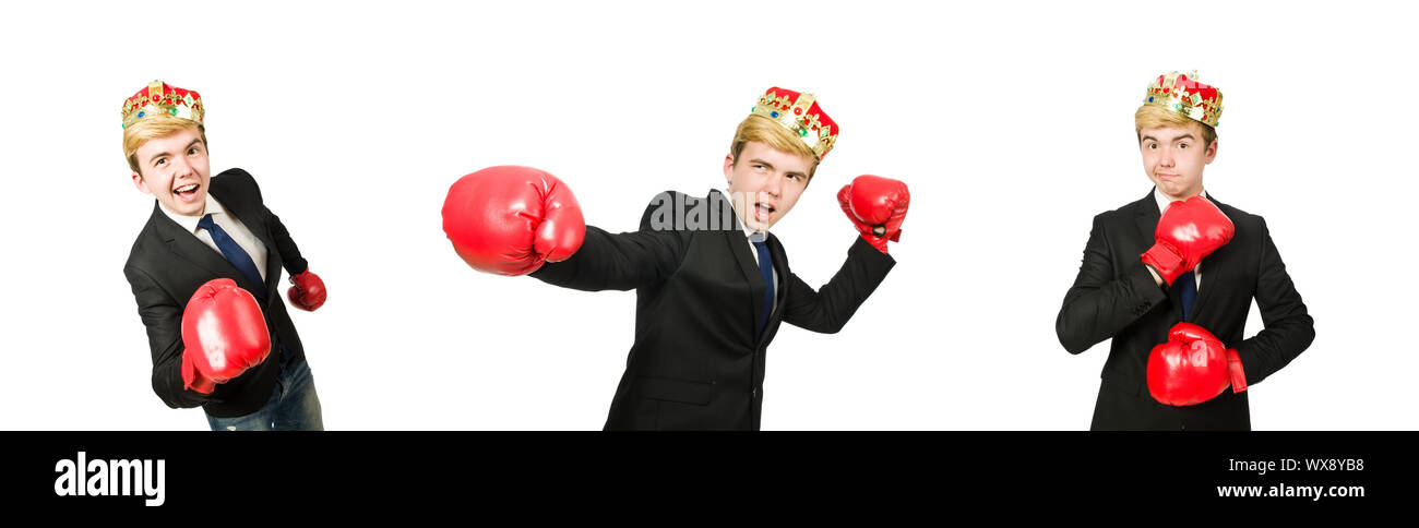 Funny businessman with crown and boxing gloves Stock Photo - Alamy