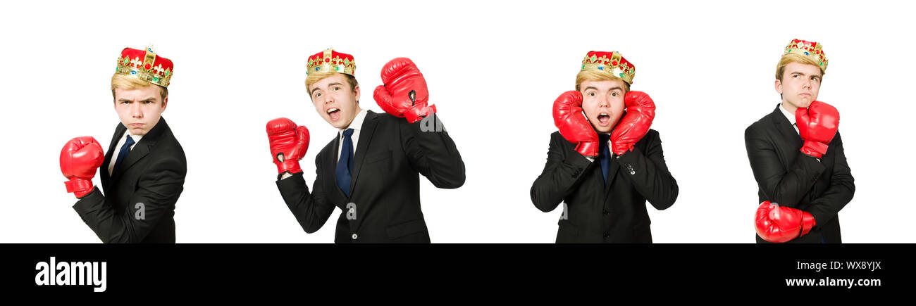 Funny businessman with crown and boxing gloves Stock Photo - Alamy
