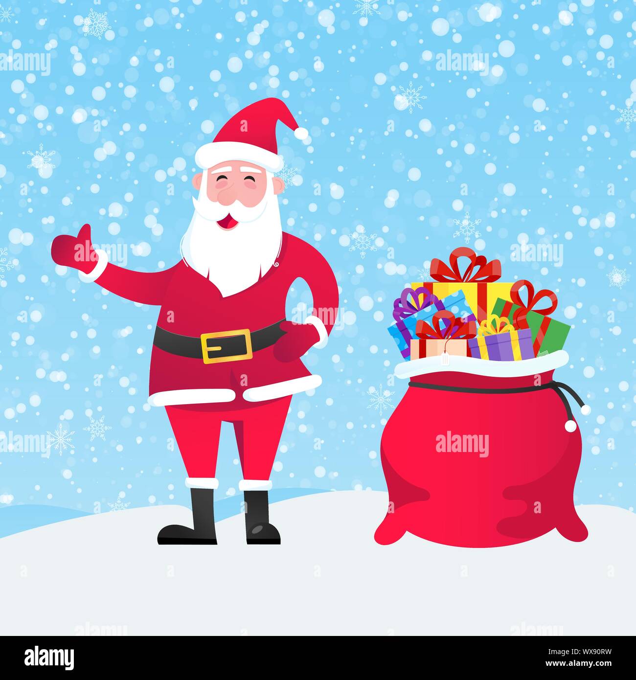 Santa Claus with gift bag and present gifts standing up with falling ...