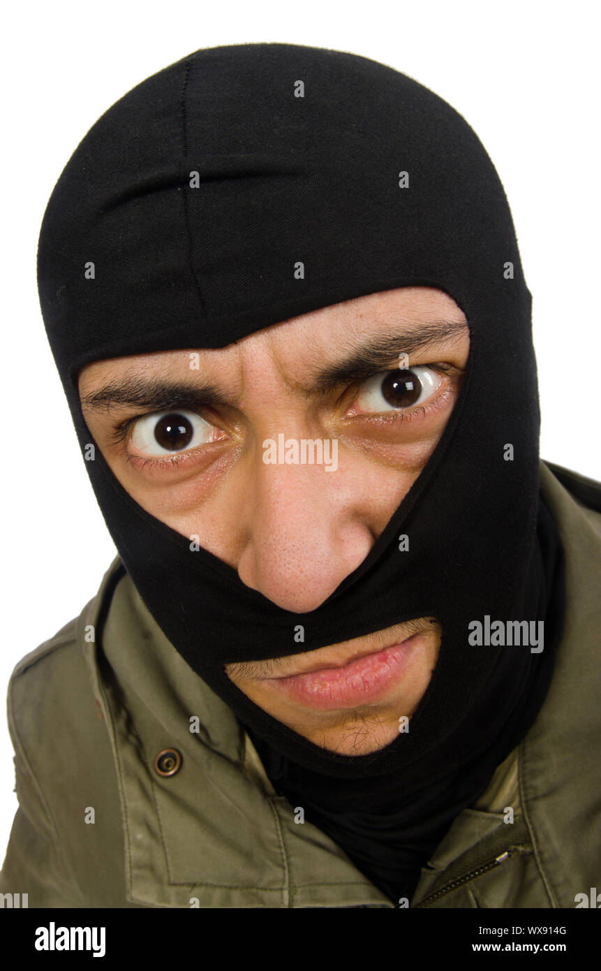 Criminal wearing mask isolated on white Stock Photo - Alamy