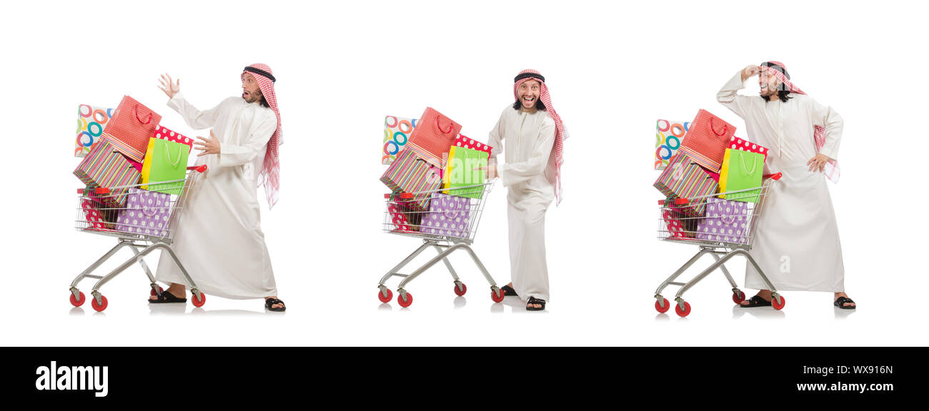 Arab man doing shopping isolated on white Stock Photo - Alamy