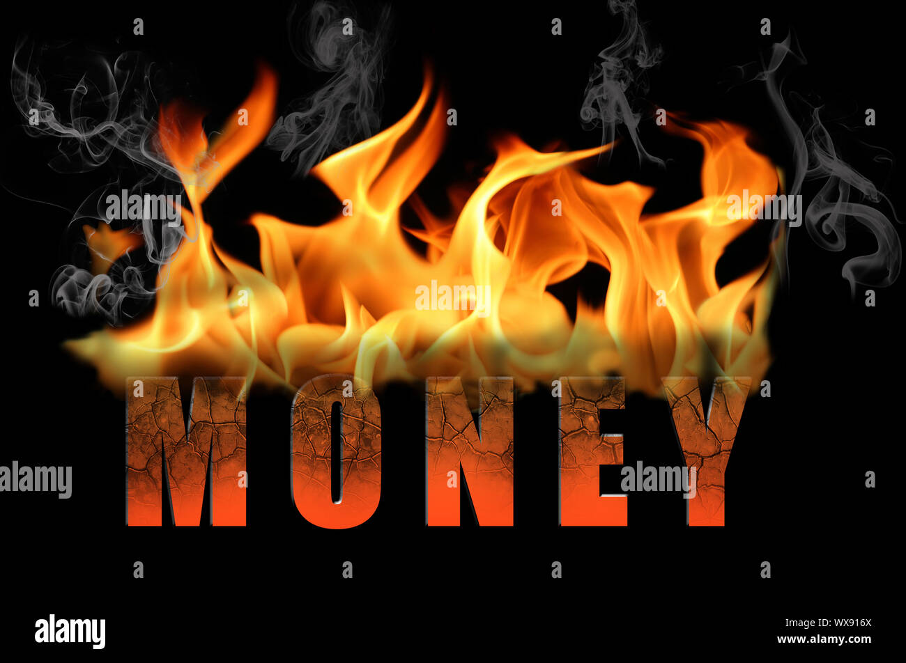 The word money is in flame text to convey many different messages and ...
