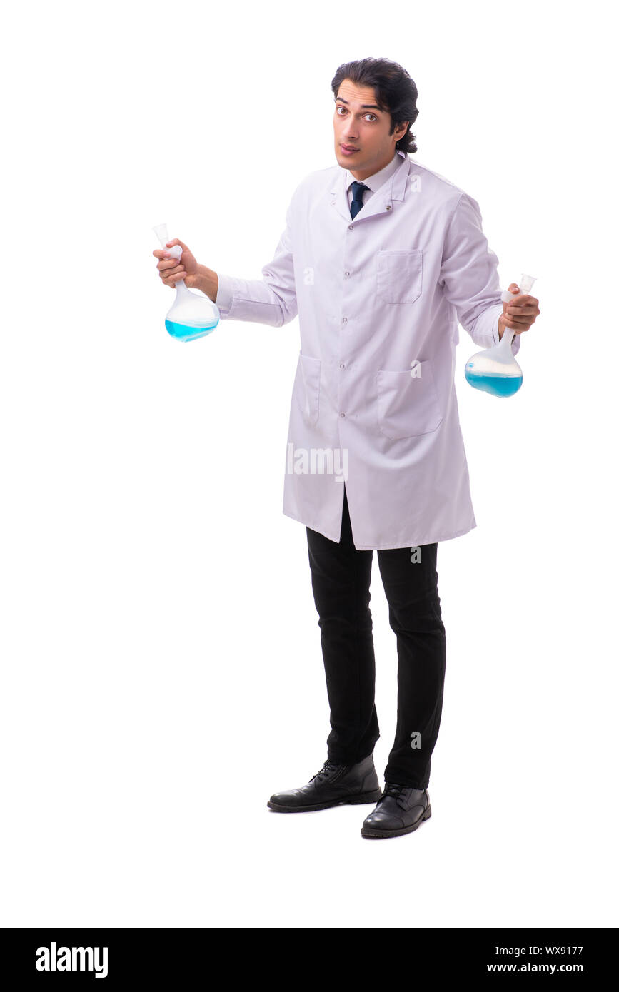Young chemist isolated on white background Stock Photo - Alamy