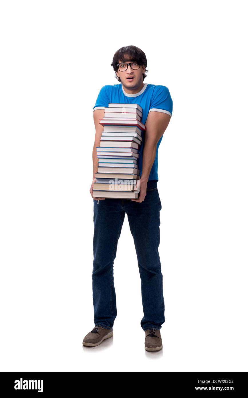 Male student with many books isolated on white Stock Photo - Alamy