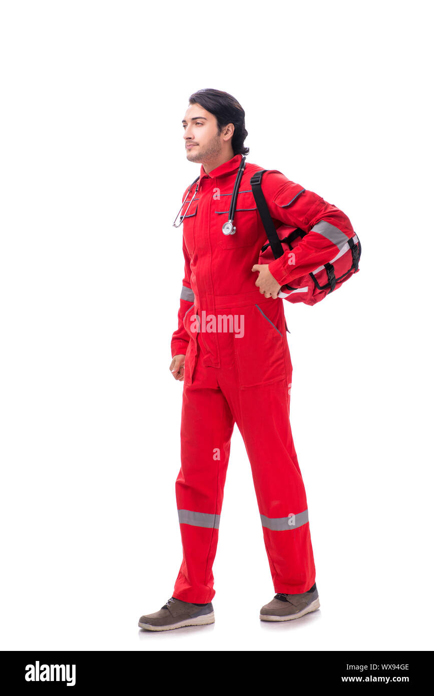 Young paramedic in red uniform isolated on white Stock Photo - Alamy