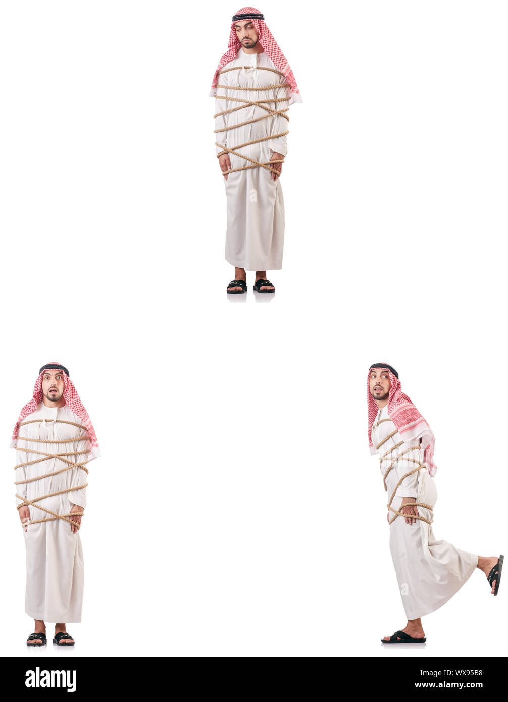 Arab businessman tied up with rope on white Stock Photo - Alamy