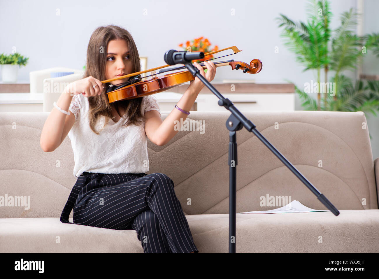 Female beautiful musician playing violin at home Stock Photo - Alamy