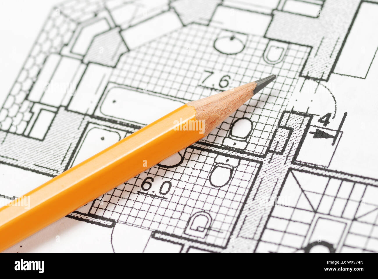 Pencil over house plan blueprints Stock Photo - Alamy