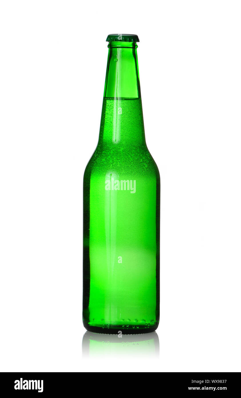Green beer bottle isolated on white. Soft reflection Stock Photo - Alamy