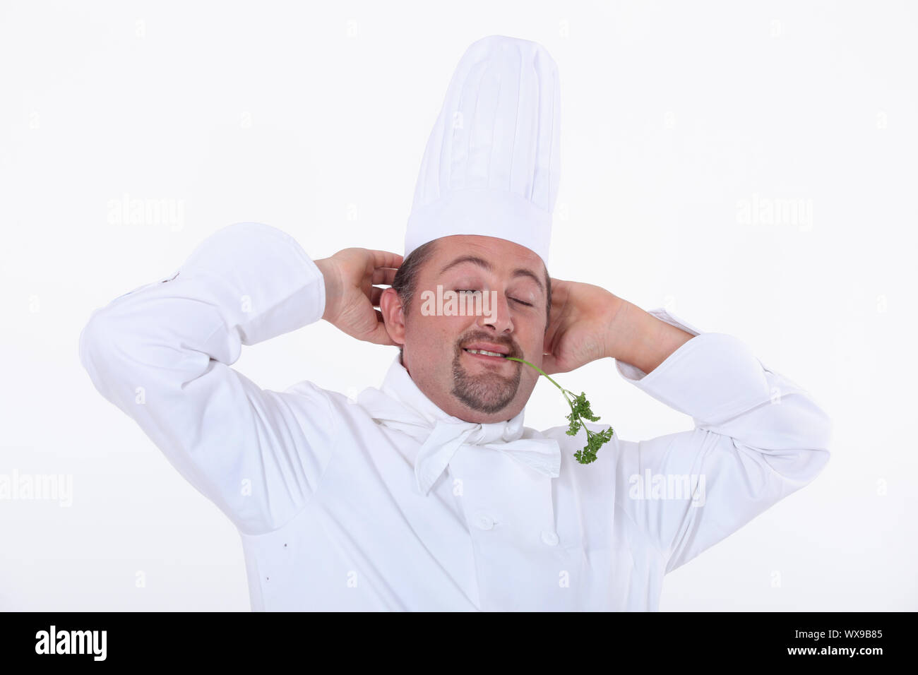 Chef chewing on parsley Stock Photo - Alamy