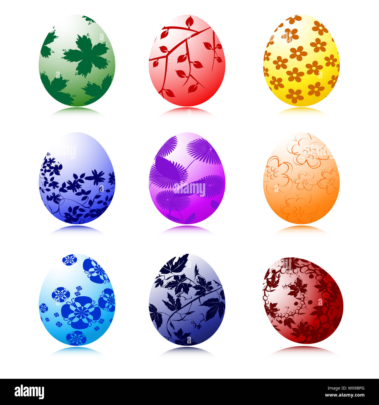 Set of nine Easter eggs in various colors with floral motives Stock ...