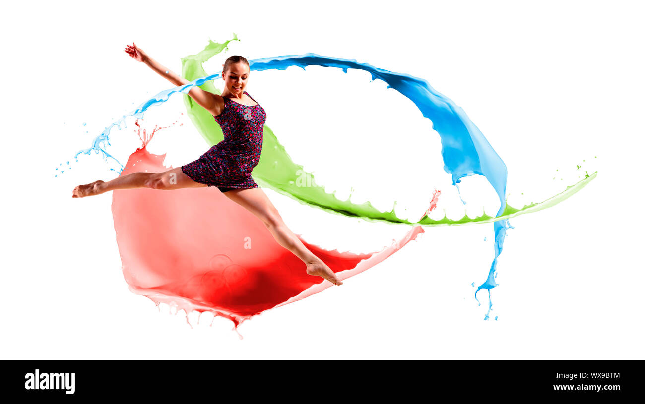 Dancer jumping on the background color paint splashes Stock Photo - Alamy