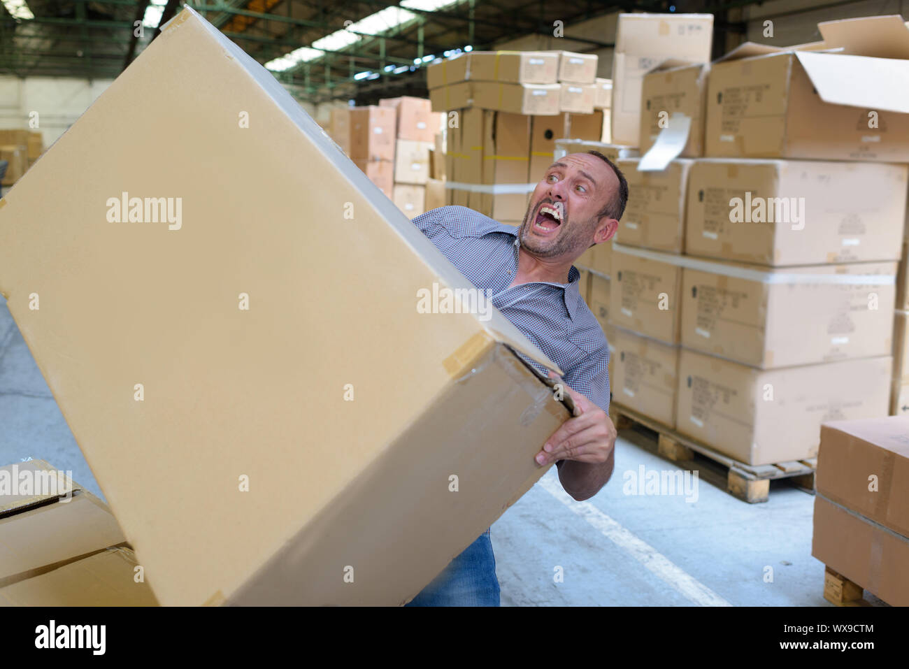 mover guy carrying a heavy box and falling Stock Photo - Alamy