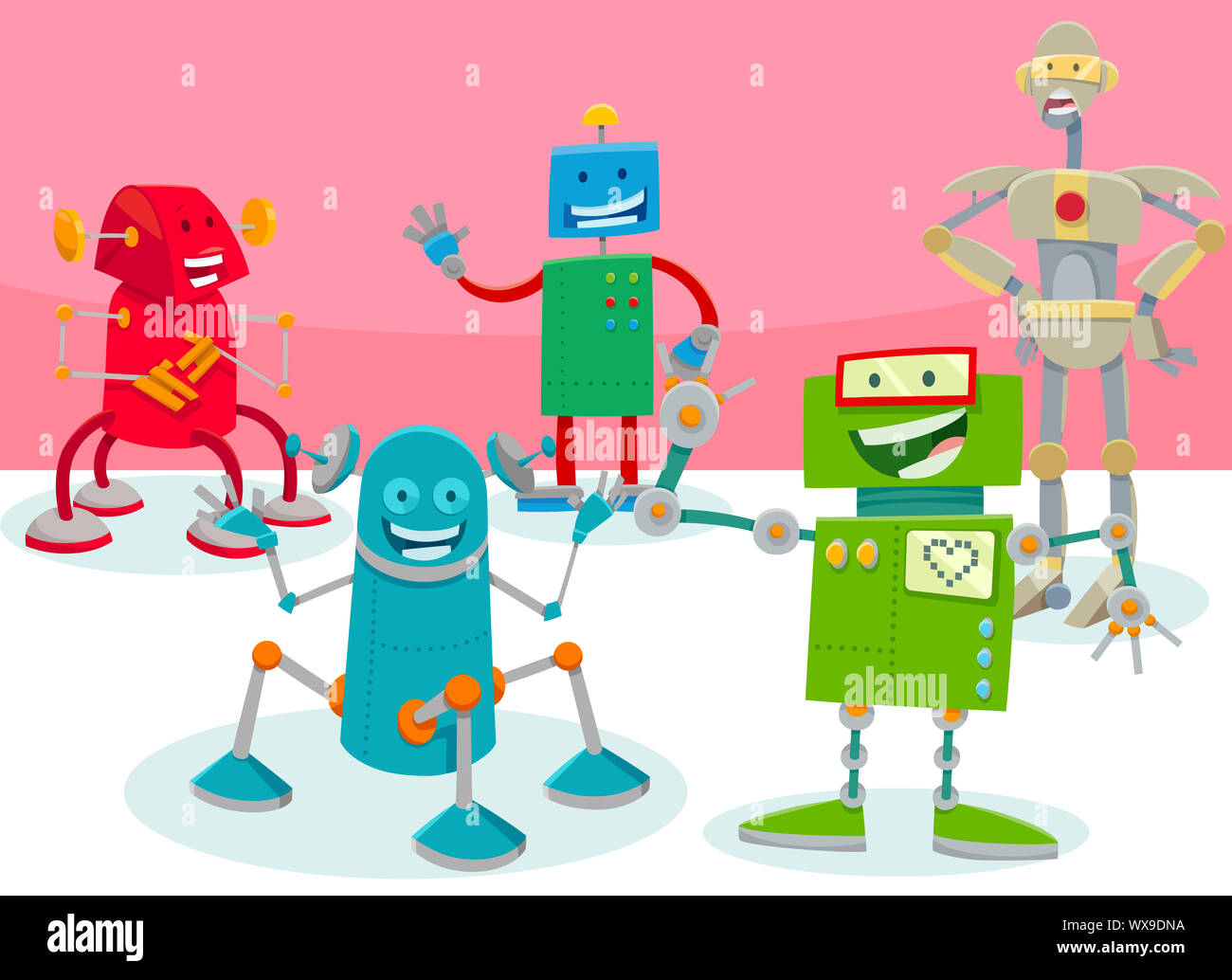 happy robot characters group cartoon illustration Stock Photo - Alamy