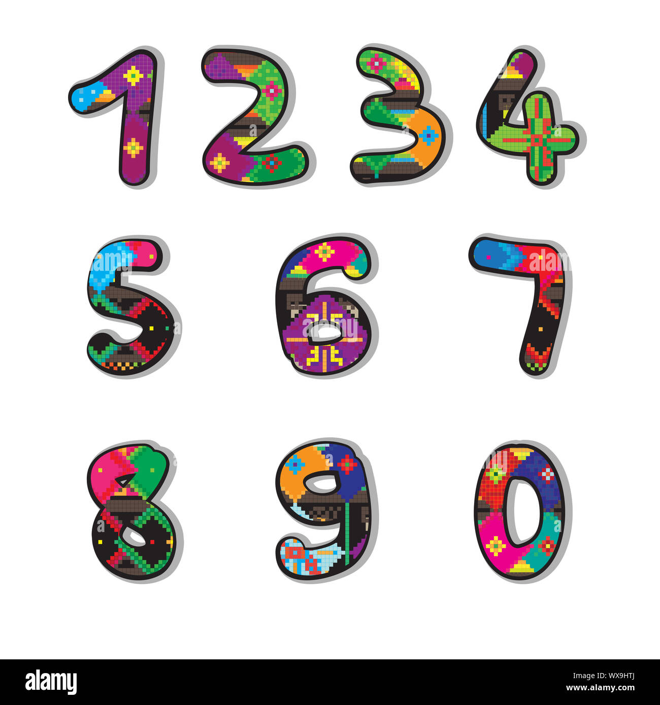 Ethno decorated original font, pixel art abstract model over funny fat ...