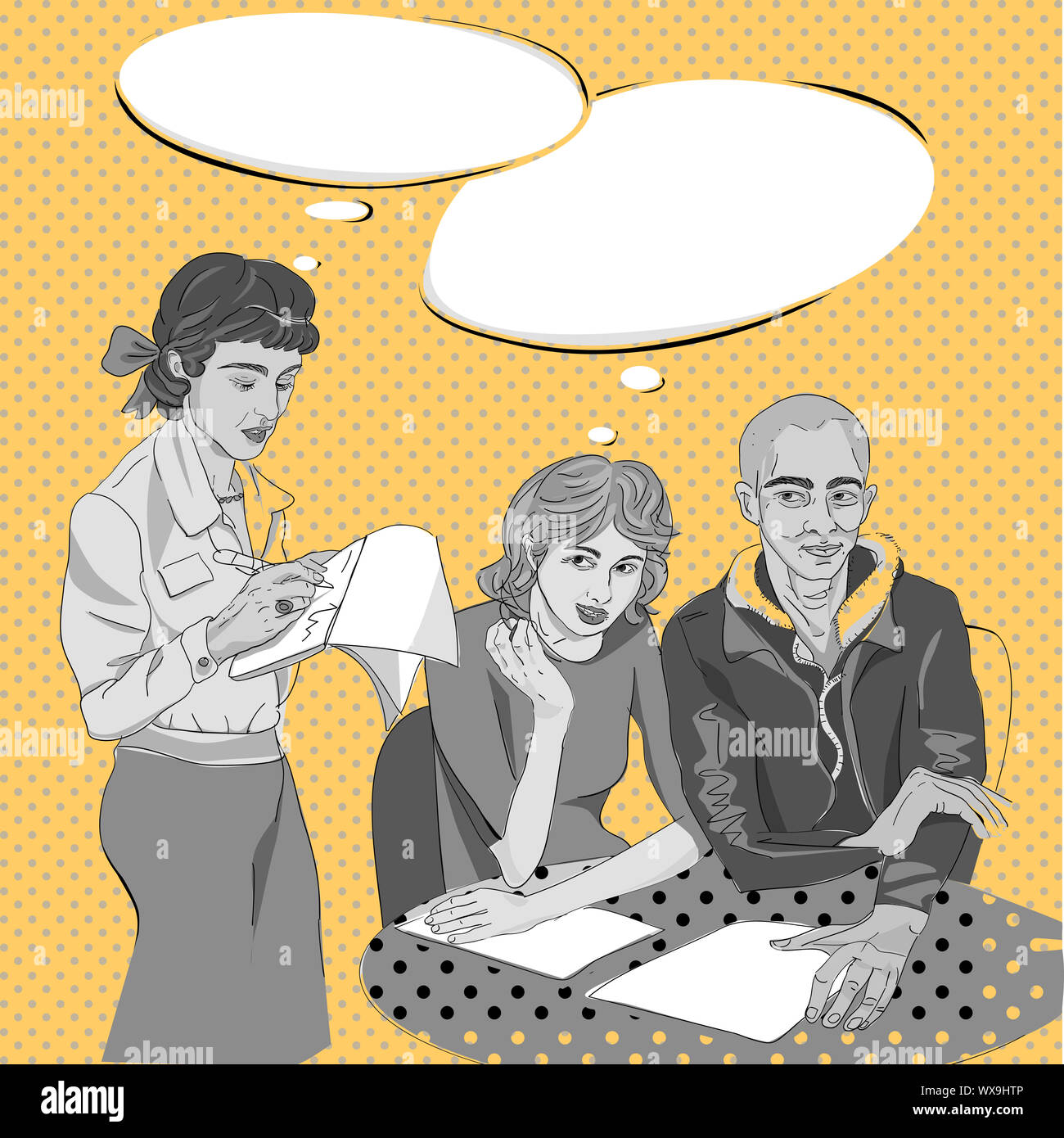 Pop art hand drawn illustration of a three people conversation in a ...