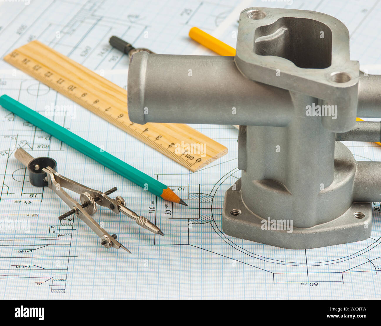 drawings of mechanisms with parts and tools Stock Photo - Alamy