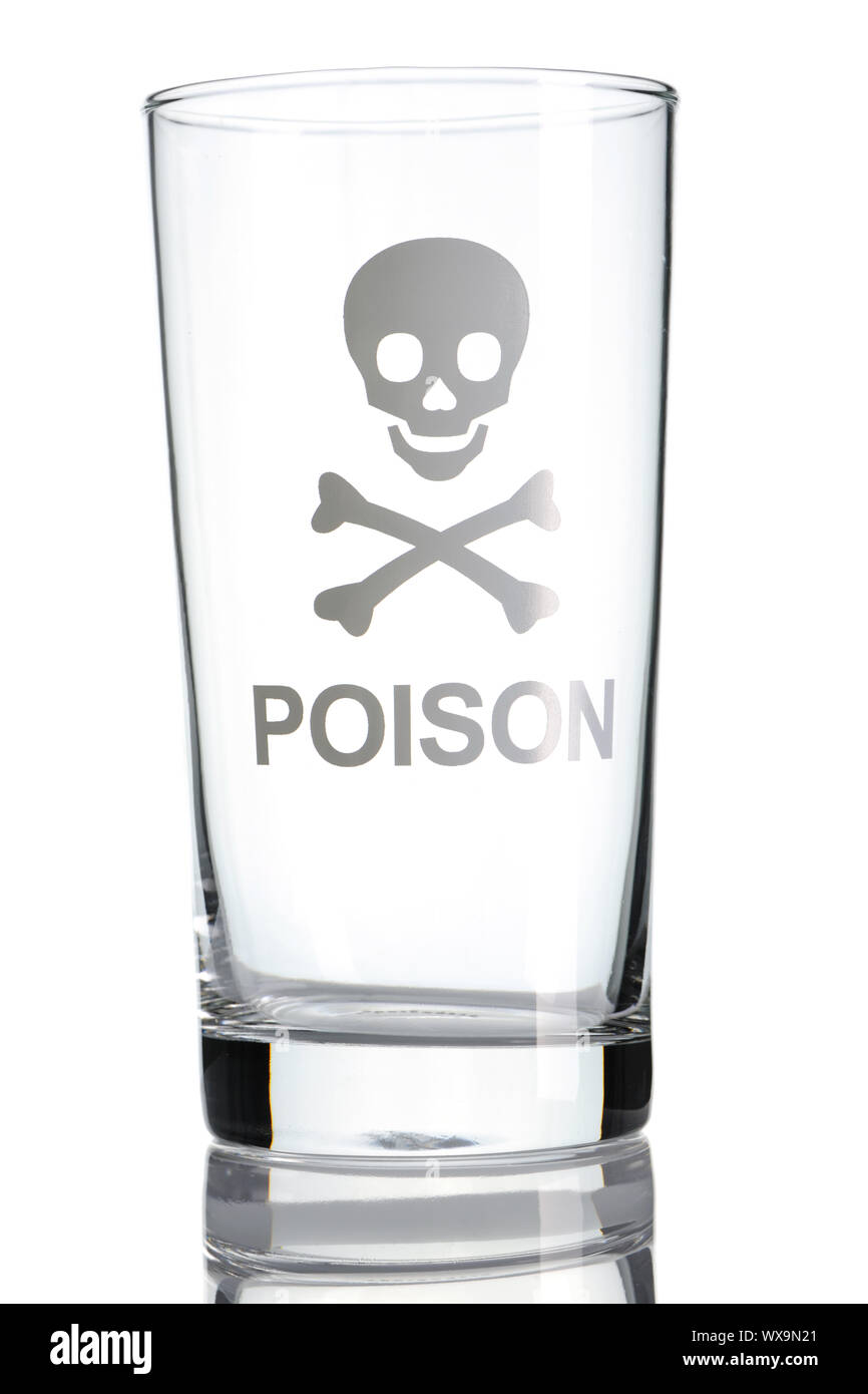 Empty glass with "Poison" sign isolated on white background Stock Photo ...