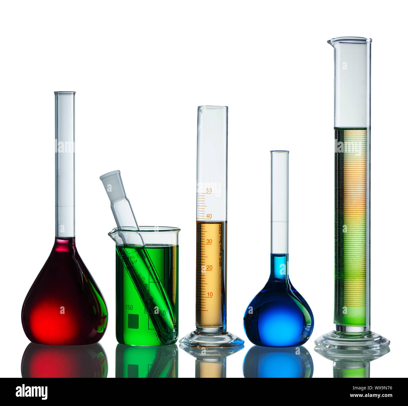 Chemical flasks with reagents isolated on white background Stock Photo ...