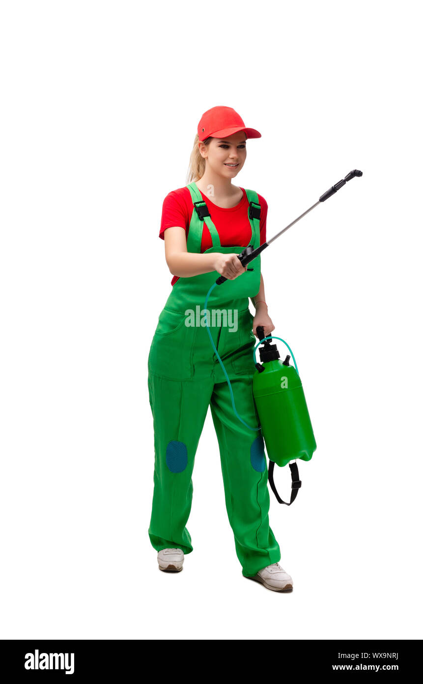 Female pest control contractor isolated on white Stock Photo - Alamy