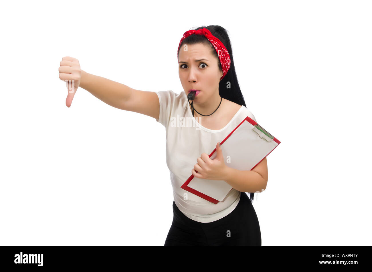 Attractive female fitness trainer isolated on white Stock Photo - Alamy