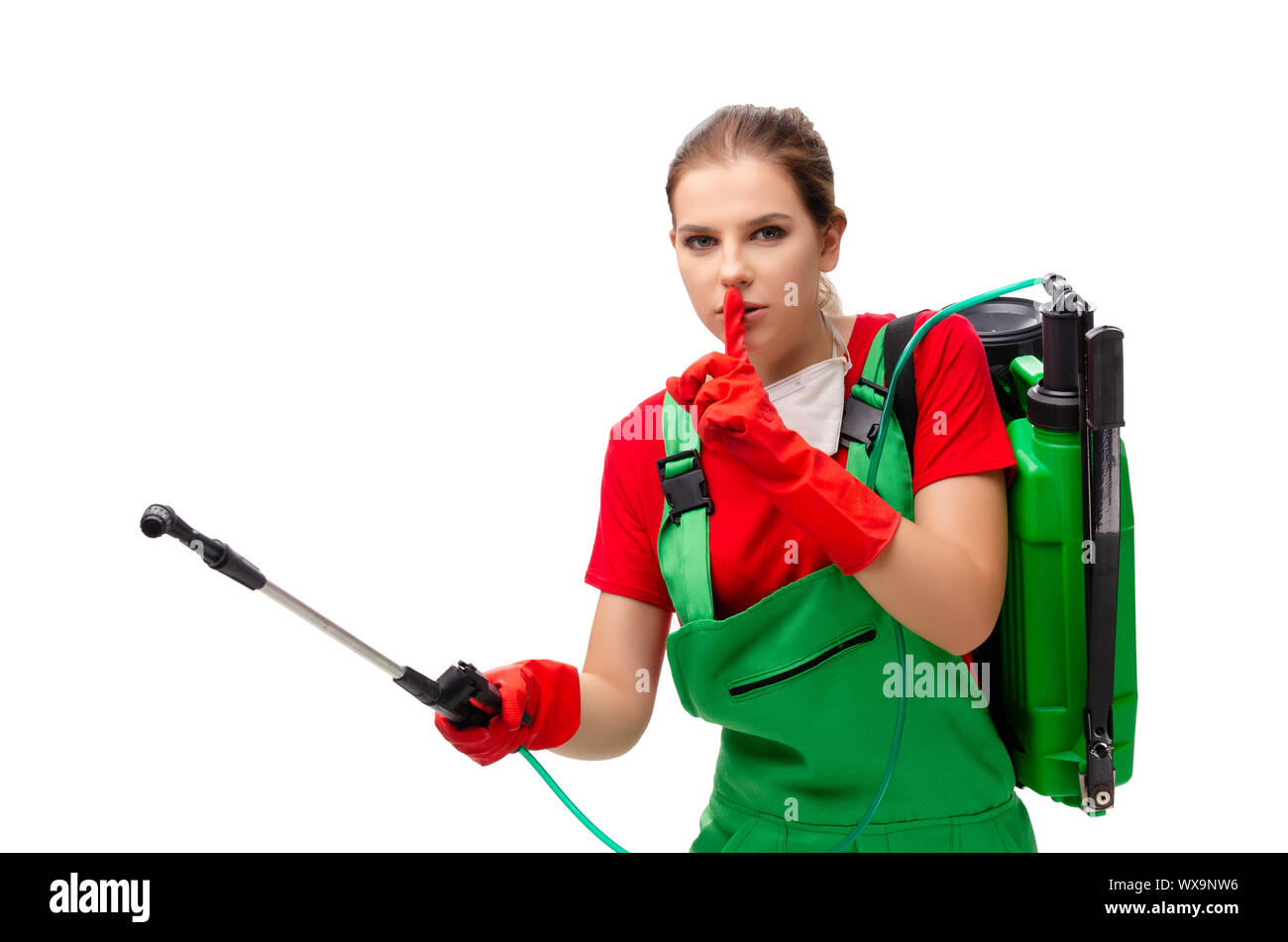 Female pest control contractor isolated on white Stock Photo - Alamy