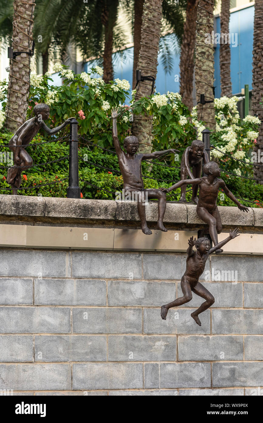 Singapore - March 21, 2019: Closeup shot from water level of statue ...