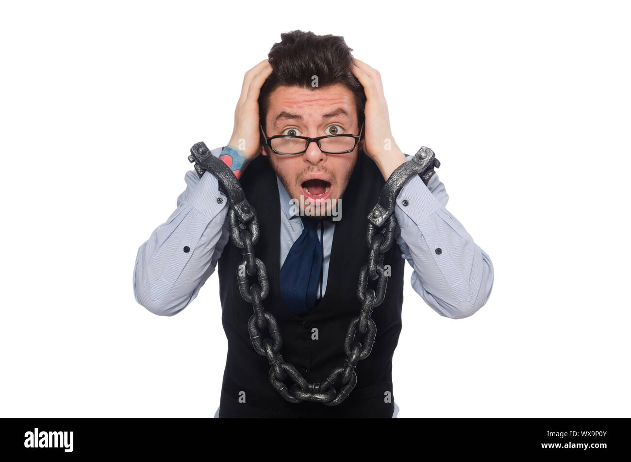 Chained male employee isolated on white Stock Photo - Alamy
