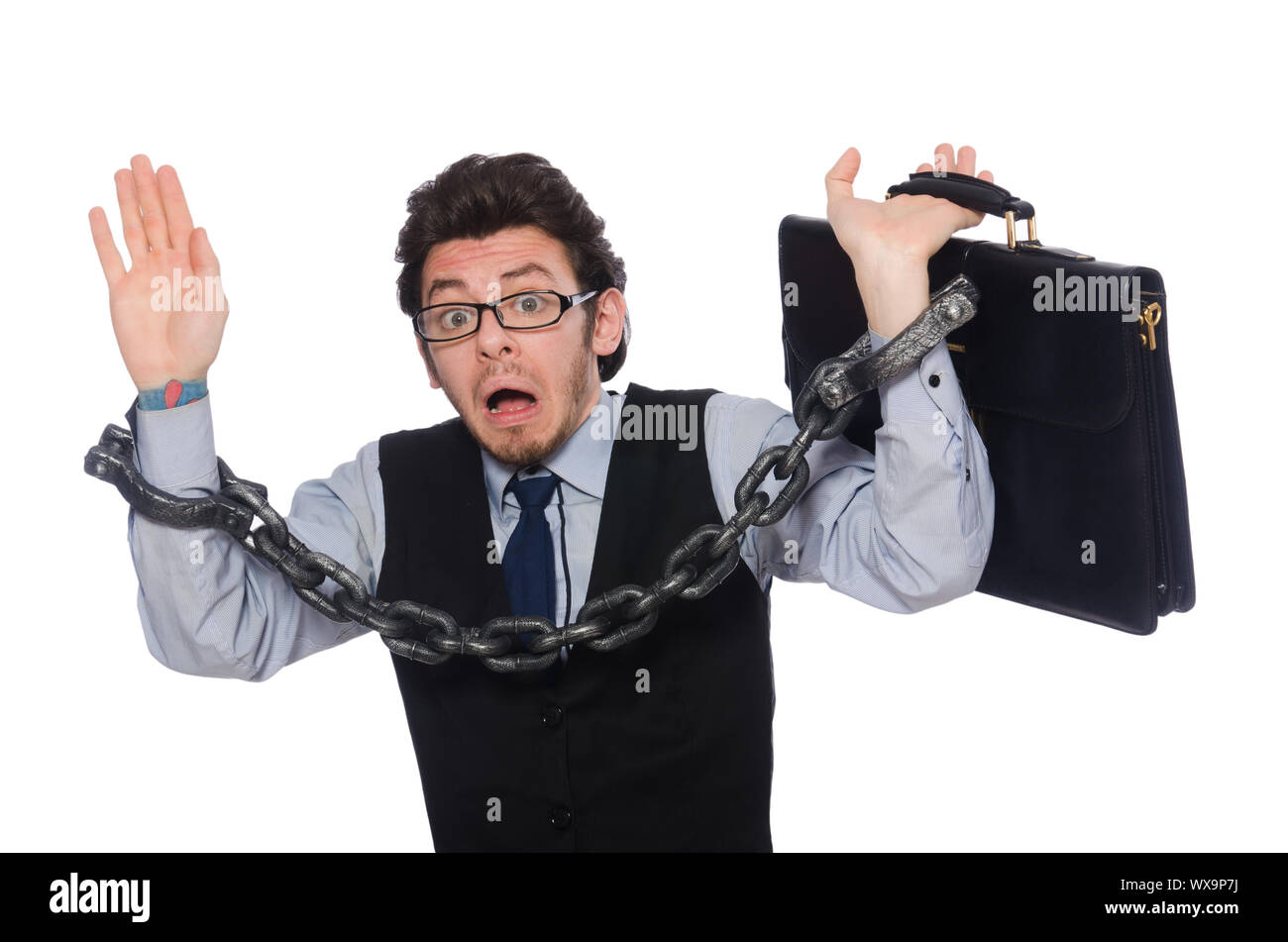 Chained male employee isolated on white Stock Photo - Alamy