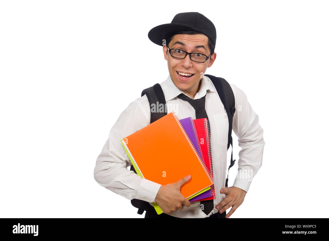 Male student holding notes isolated on white Stock Photo - Alamy