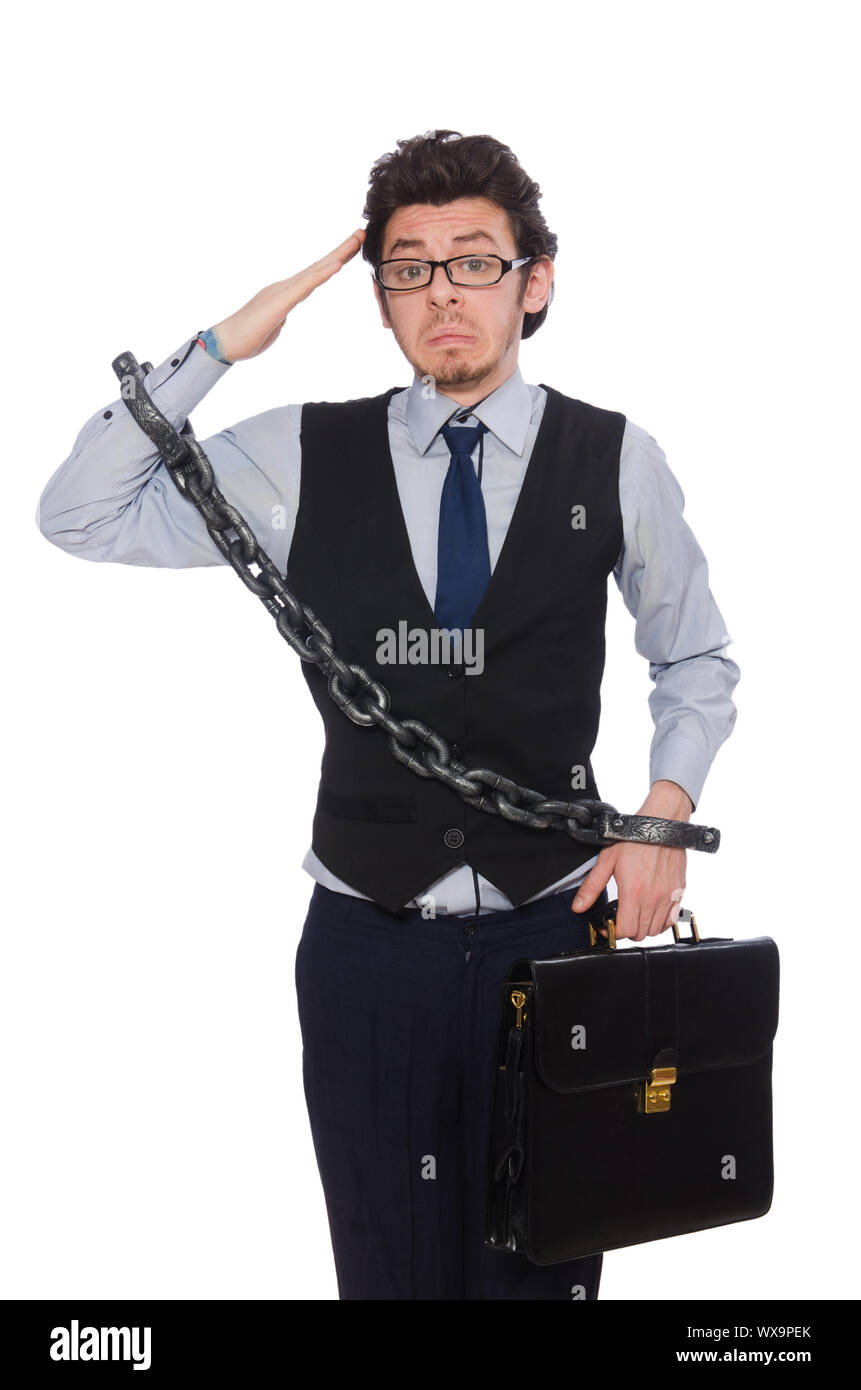 Chained male employee isolated on white Stock Photo - Alamy