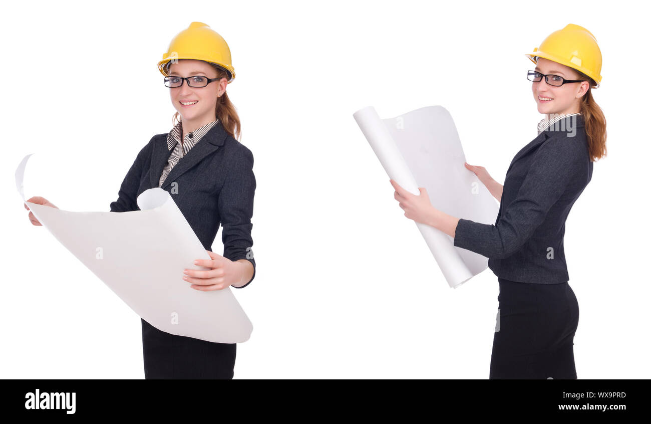 Female architect with blueprint isolated in white Stock Photo - Alamy