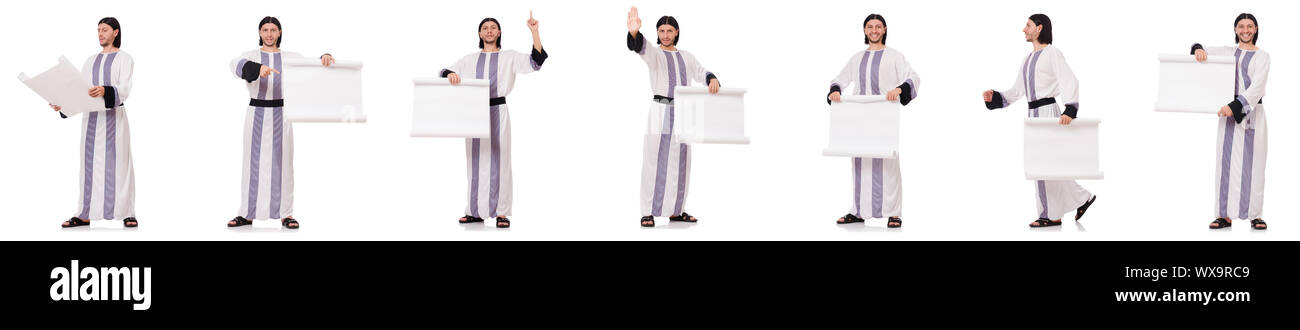 Arab man with white paper isolated on white Stock Photo - Alamy