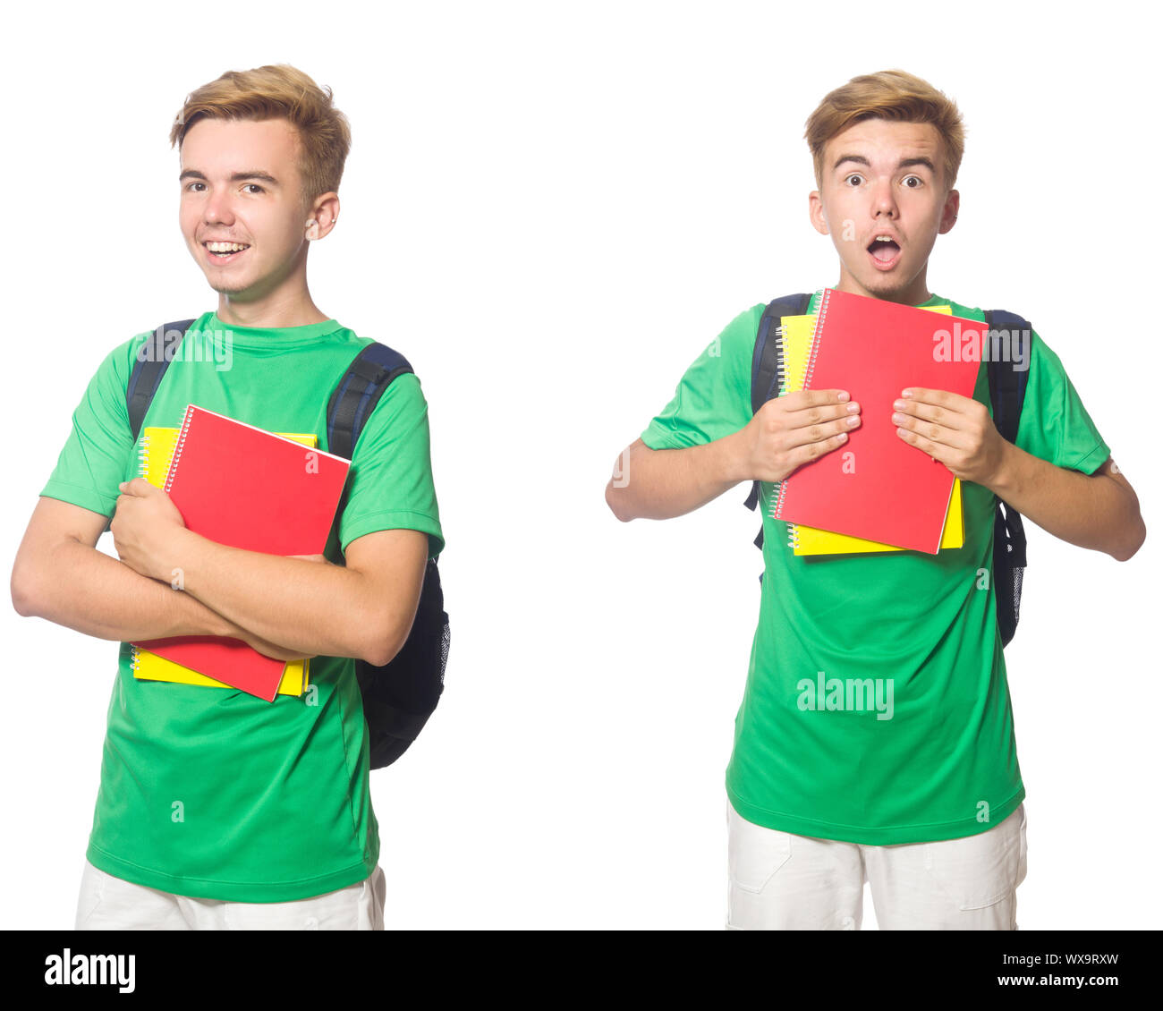 Young student with backpack and notes isolated on white Stock Photo - Alamy