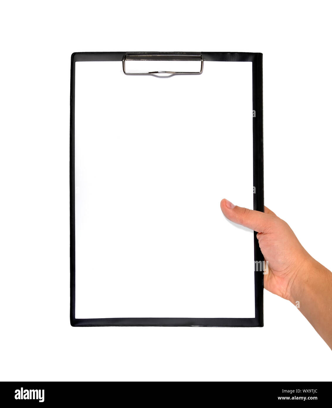 clipboard in hand on a white background Stock Photo - Alamy