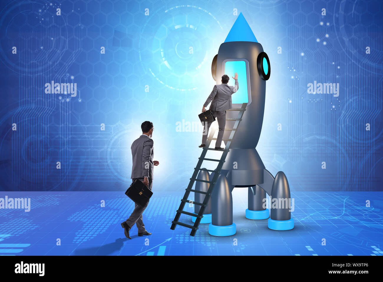 Young businessman boarding space rocket in start-up concept Stock Photo ...