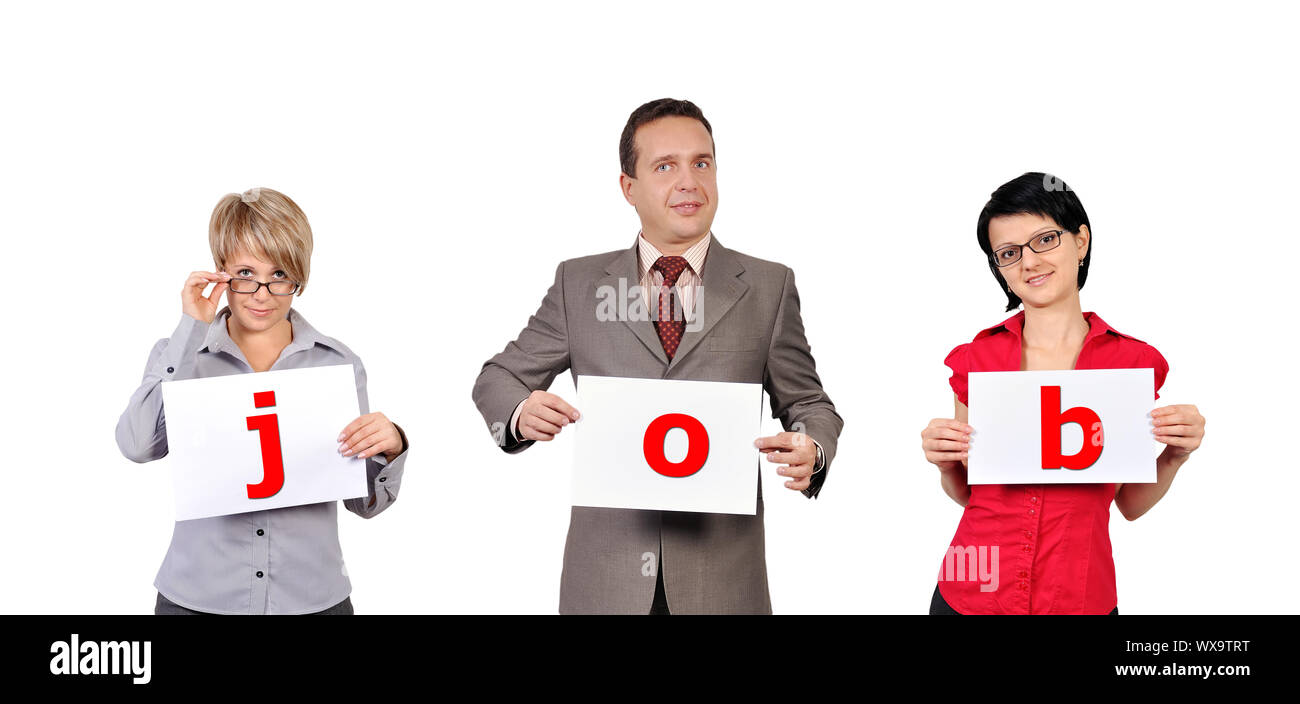 people are holding signs marked job Stock Photo - Alamy