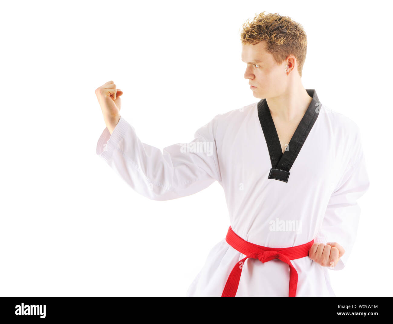 Man training taekwondo Isolated on white background Stock Photo - Alamy