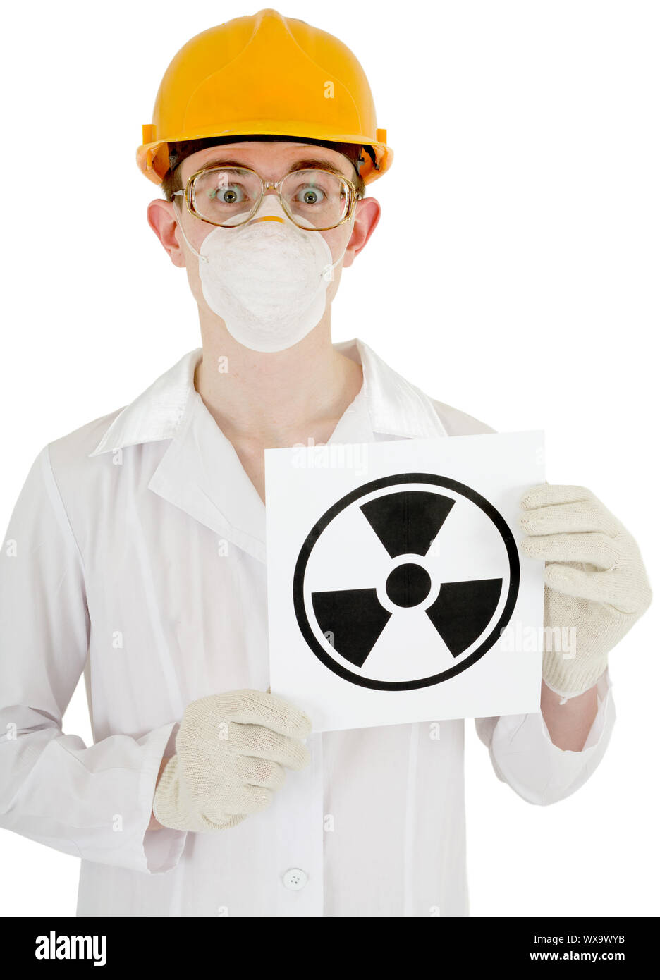 Scientist on the helmet with poster radiation on a white background ...