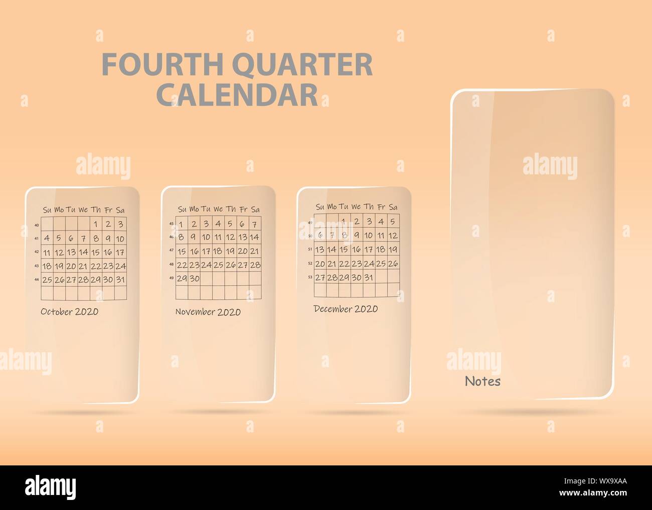Calendar for fourth quarter of 2020 year on transparent labels ready ...