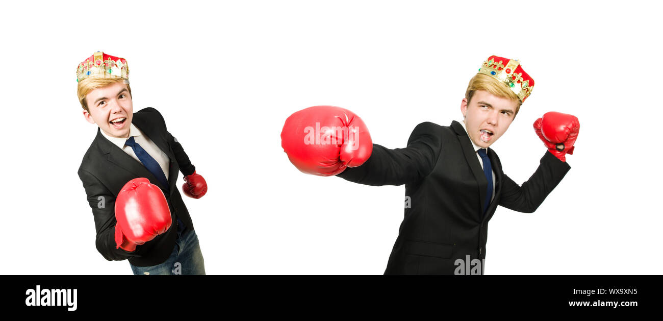 Funny businessman with crown and boxing gloves Stock Photo - Alamy