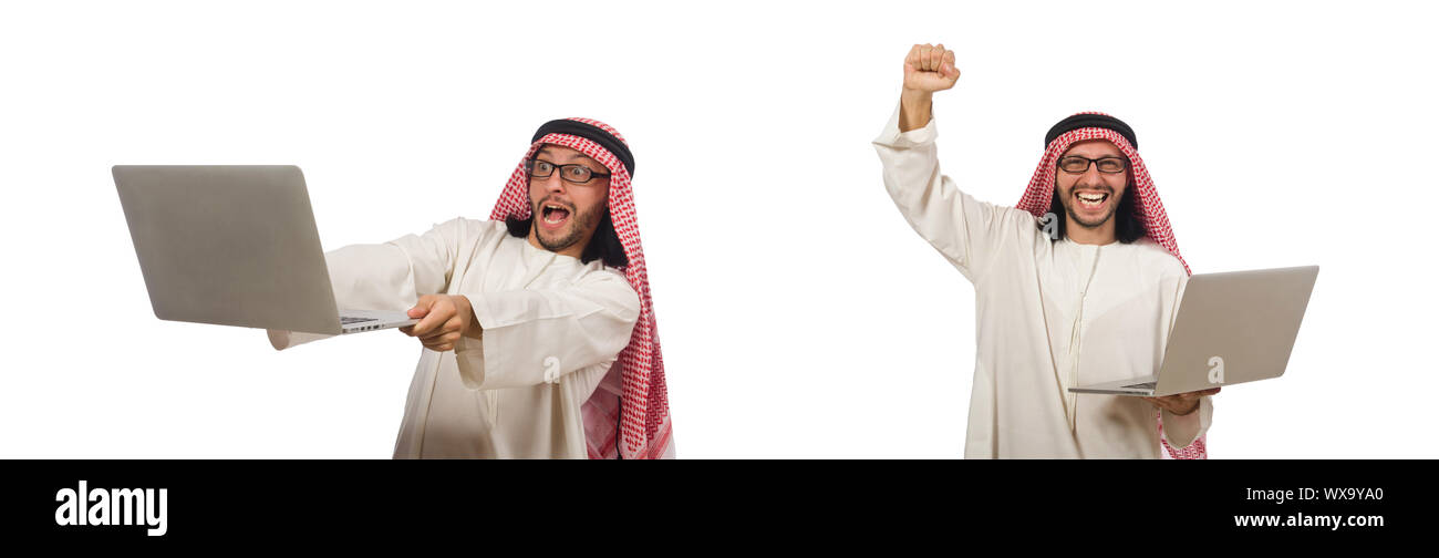 Arab man with laptop isolated on white Stock Photo - Alamy