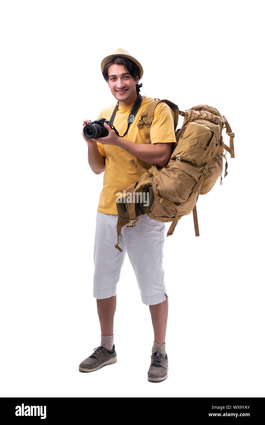 Young handsome tourist isolated on white Stock Photo - Alamy