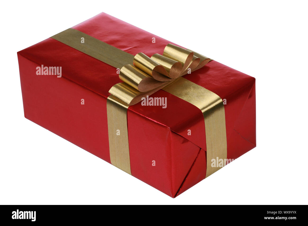 Red gift box with gold ribbons Stock Photo - Alamy